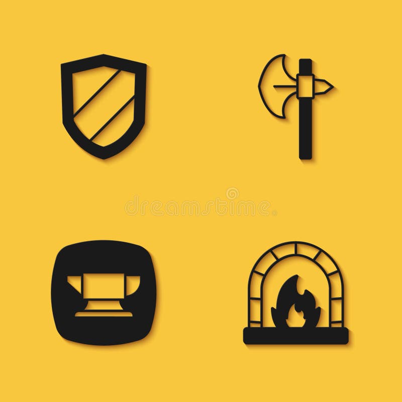 Set Shield, Blacksmith Oven, Anvil Tool and Medieval Axe Icon with Long ...