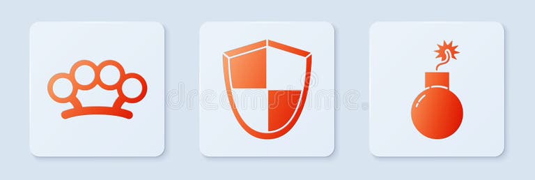 Set Shield, Brass Knuckles and Bomb Ready To Explode. White Square ...