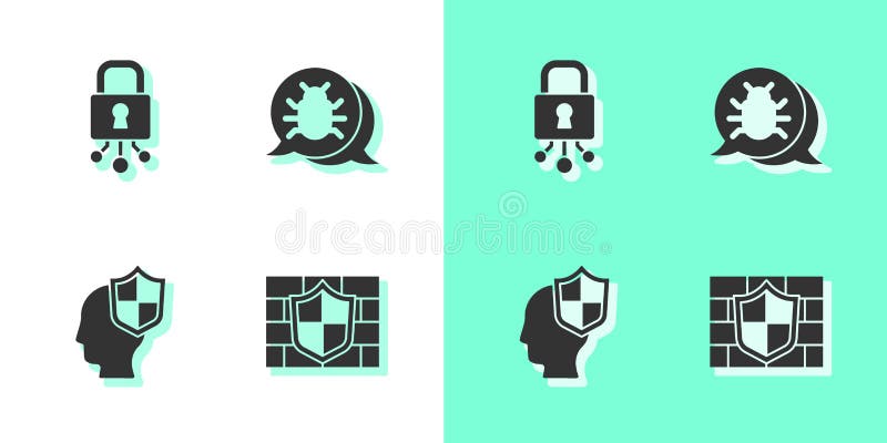 Set Shield with Brick Wall, Cyber Security, Head Shield and System Bug ...