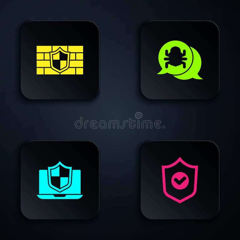 Set Shield with Check Mark, Brick Wall, Laptop Protected Shield and ...