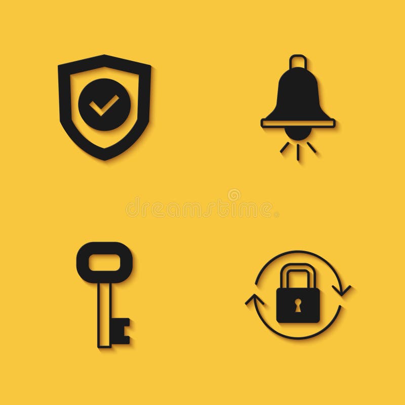 Set Shield with Check Mark, Lock, Old Key and Ringing Alarm Bell Icon ...