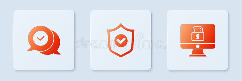 Set Shield with Check Mark, Check in Speech Bubble and Lock on Monitor ...