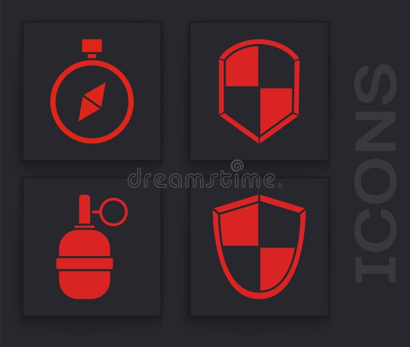 Set Shield, Compass, Shield and Hand Grenade Icon. Vector Stock Vector ...