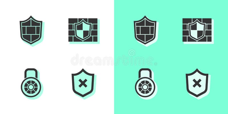 Set Shield with Cross Mark, Brick Wall, Safe Combination Lock and Icon ...