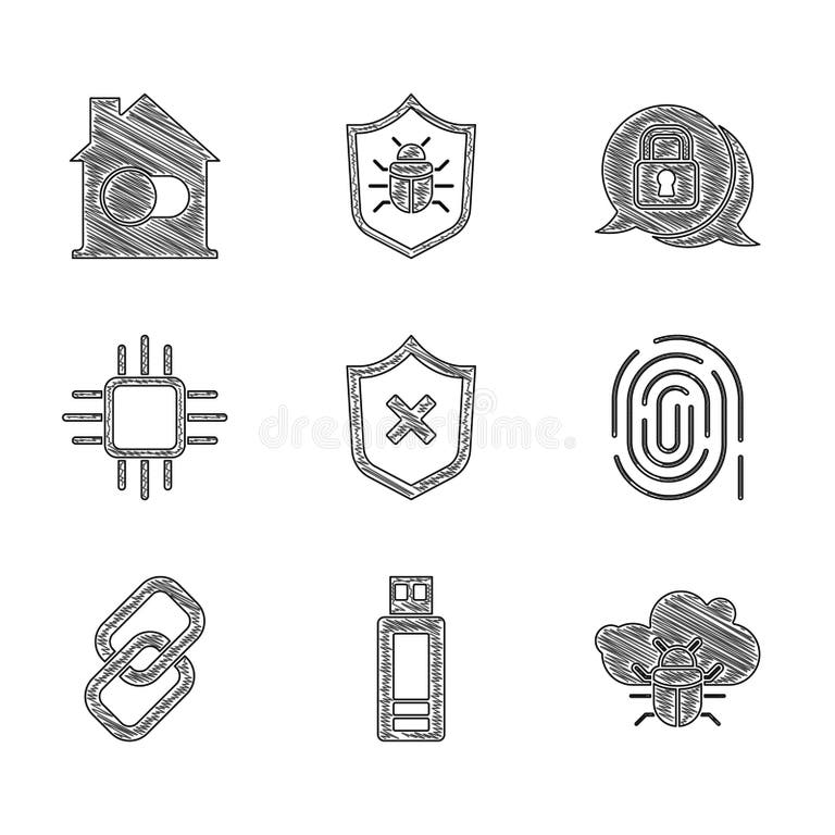 Set Shield with Cross Mark, USB Flash Drive, System Bug on Cloud, Fingerprint, Chain Link ...