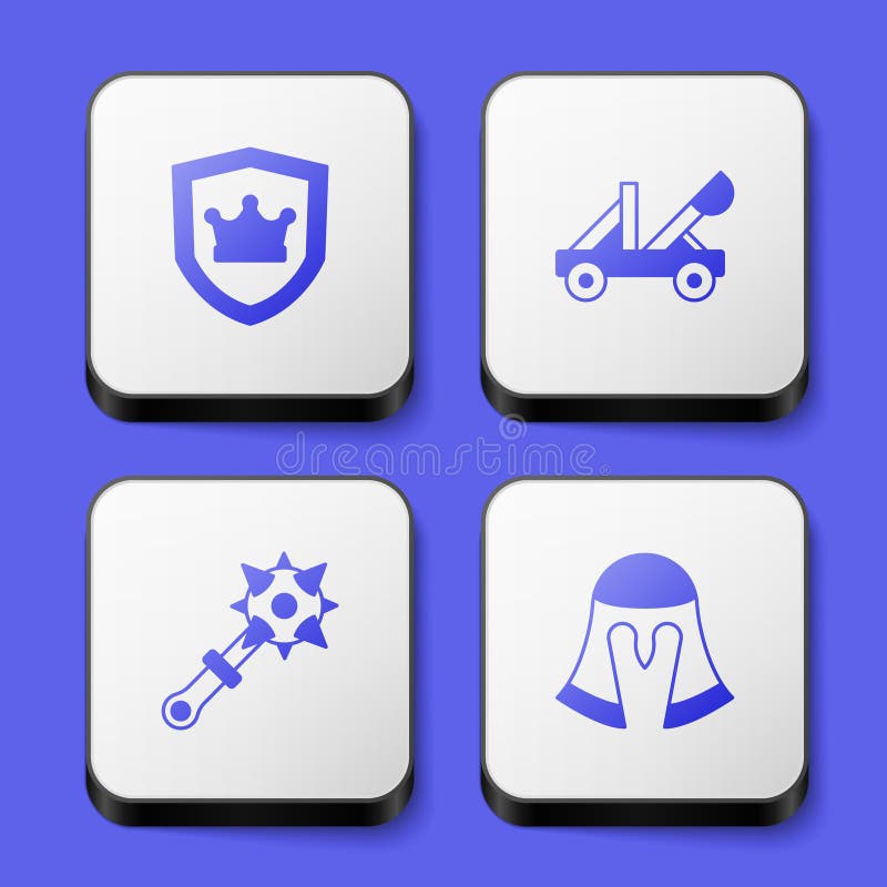Set Shield with Crown, Medieval Catapult, Mace Spikes and Helmet Icon ...