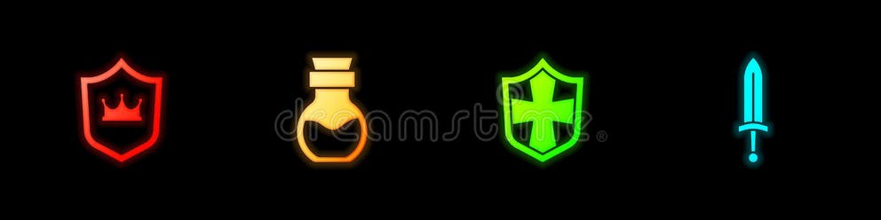 Set Shield with Crown, Poison in Bottle, and Medieval Sword Icon ...