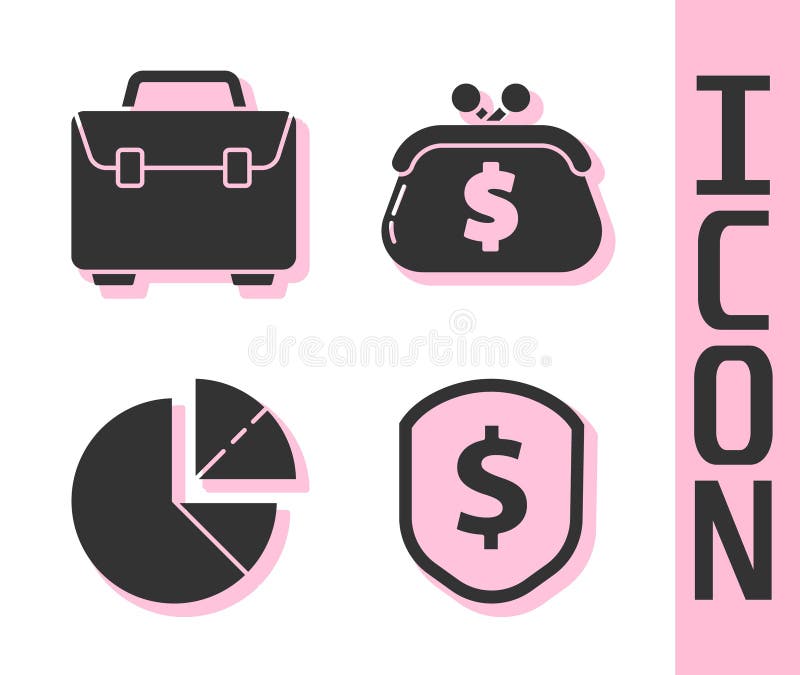 Set Shield with Dollar, Briefcase, Pie Chart Infographic and Wallet with Dollar Icon. Vector ...