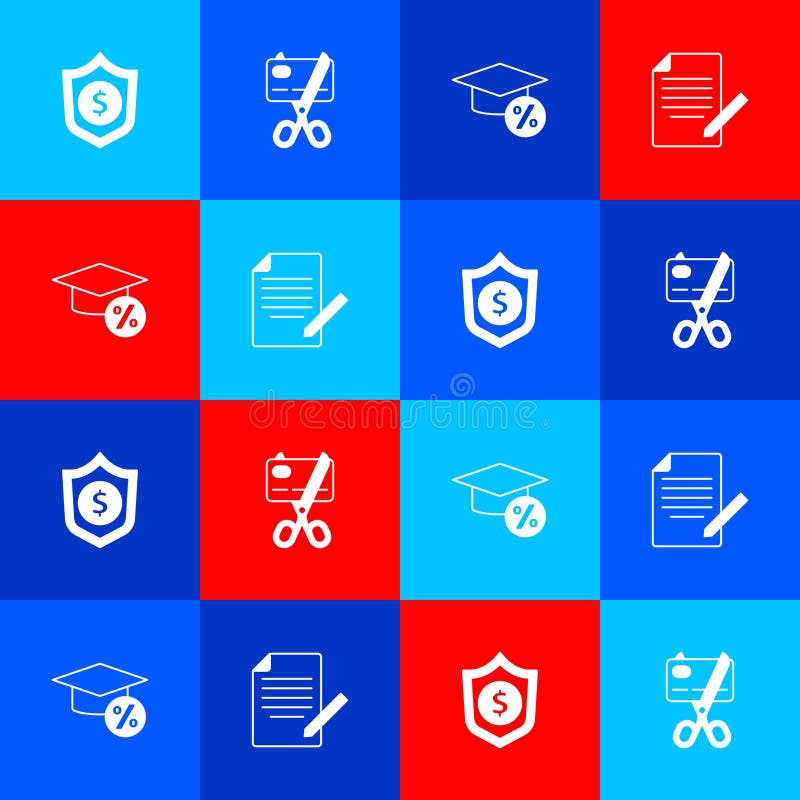 Set Shield with Dollar, Scissors Cutting Credit Card, Graduation Cap ...