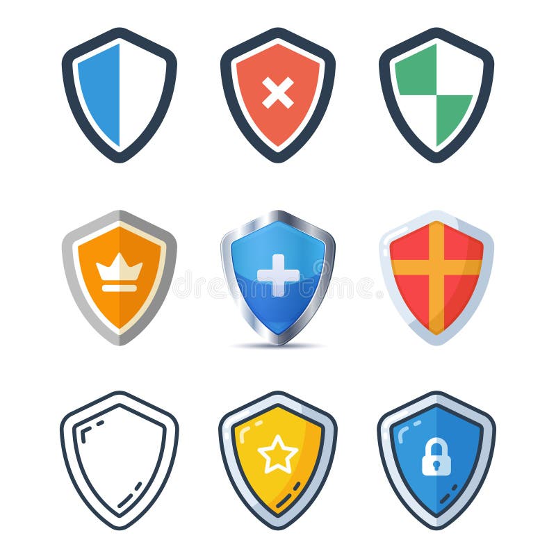 Set of Shield Icons in Different Styles. Flat and Realistic Vector ...