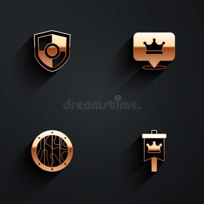 Set Shield, King Crown, Round Wooden Shield and Medieval Flag Icon with ...
