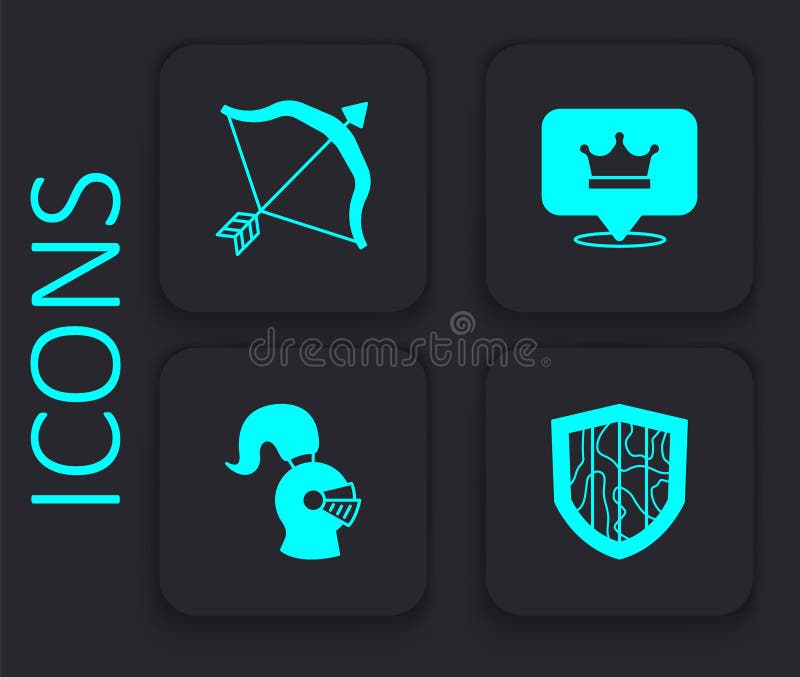 Set Shield, Medieval Bow and Arrow, King Crown and Helmet Icon. Black ...