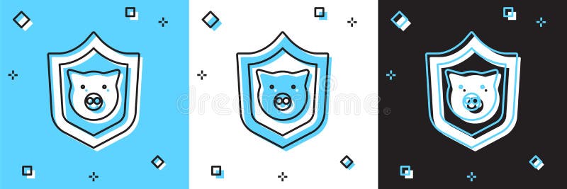 Set Shield with Pig Icon Isolated on Blue and White, Black Background ...