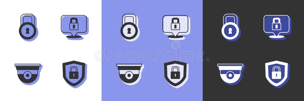 Set Shield Security with Lock, Lock, Security Camera and Icon. Vector ...