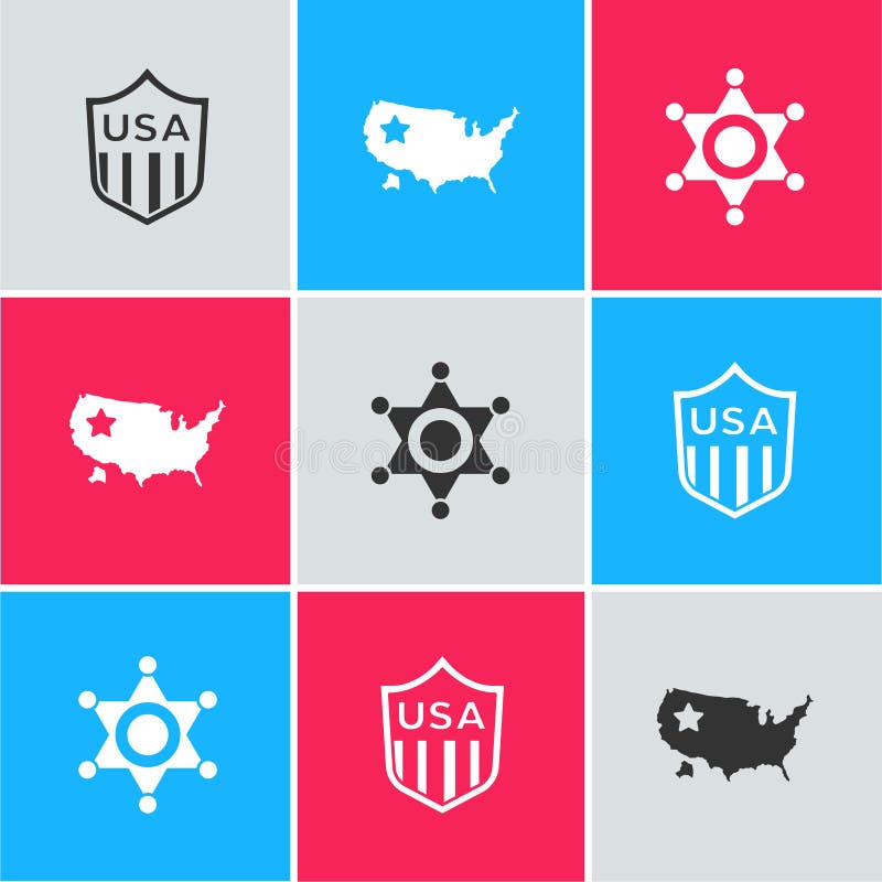 Set Shield with Stars, USA Map and Hexagram Sheriff Icon. Vector Stock ...