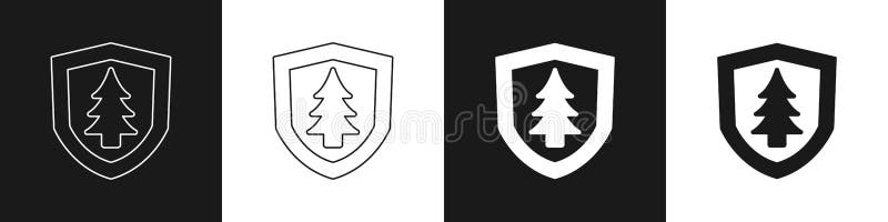 Set Shield with Tree Icon Isolated on Black and White Background. Eco ...