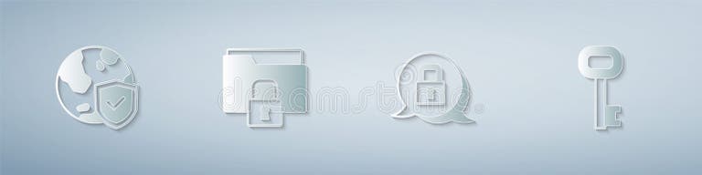 Set Shield with World Globe, Folder and Lock, Lock and Old Key. Paper ...