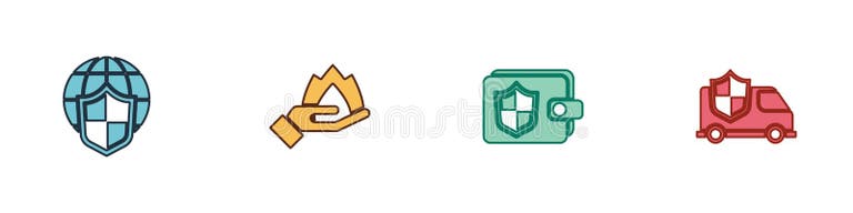 Set Shield with World Globe, Hand Holding a Fire, Wallet Shield and Car ...