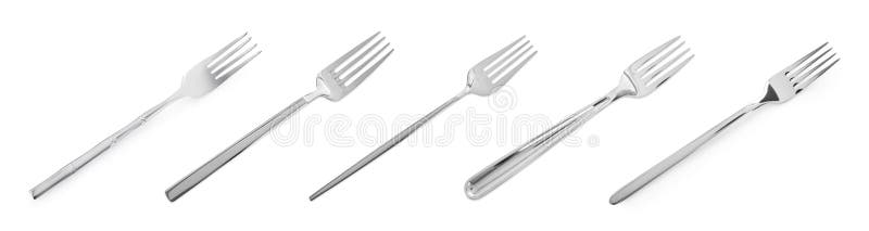 Set of Shiny Metal Forks on White Background Stock Photo - Image of ...