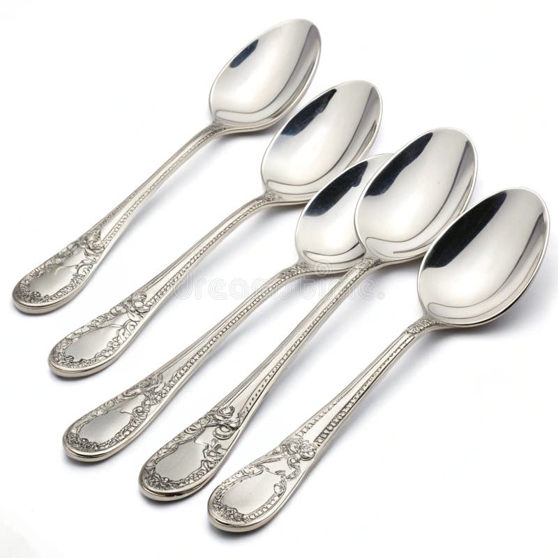 Shiny Silver Spoons Isolated on White Background Stock Illustration ...