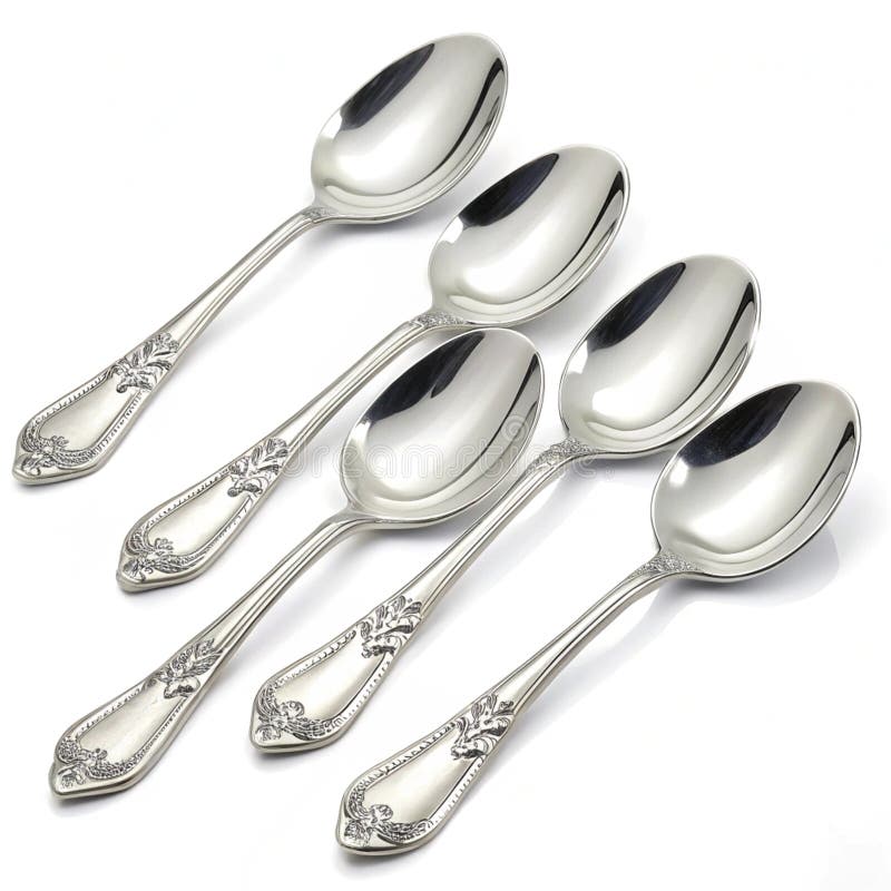 Shiny Silver Spoons Isolated on White Background Stock Illustration ...