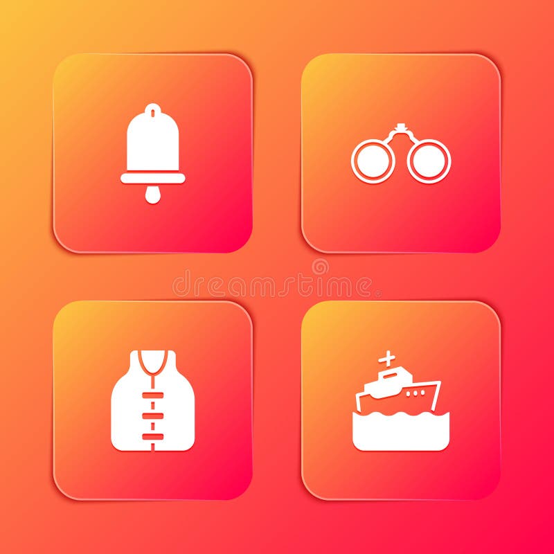 Set Ship Bell, Binoculars, Life Jacket and Cruise Ship Icon. Vector ...