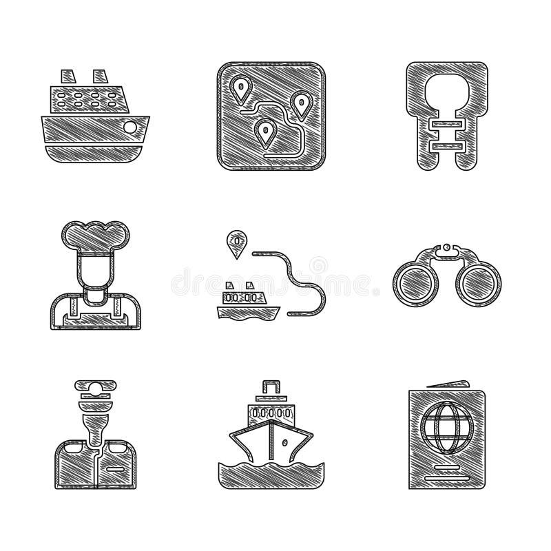 Set Ship Line Path, Cruise Ship, Passport, Binoculars, Captain of, Cook ...