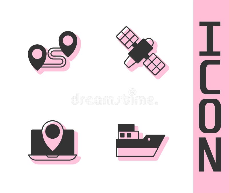 Set Ship Line Path, Route Location, Laptop with Marker and Satellite ...