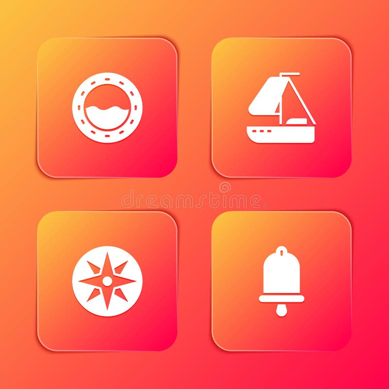 Set Ship Porthole, Yacht Sailboat, Wind Rose and Bell Icon. Vector ...