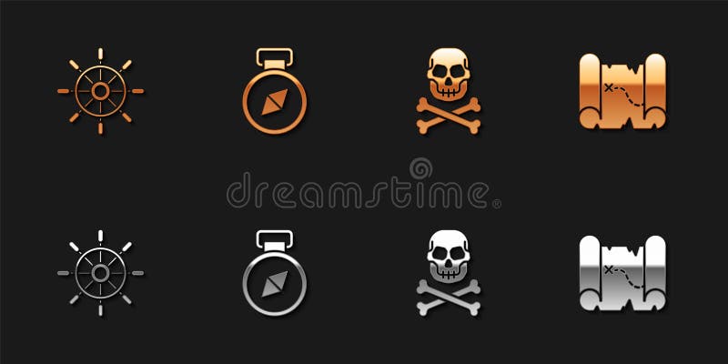 Set Ship Steering Wheel, Compass, Skull on Crossbones and Pirate ...