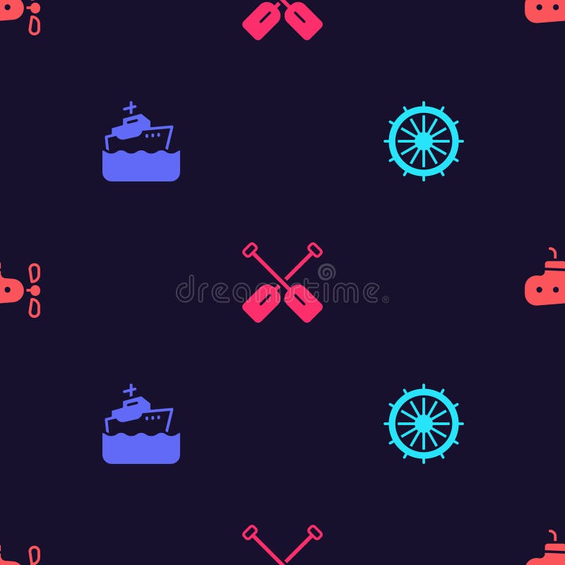 Set Ship Steering Wheel, Cruise Ship, Paddle and Submarine on Seamless ...