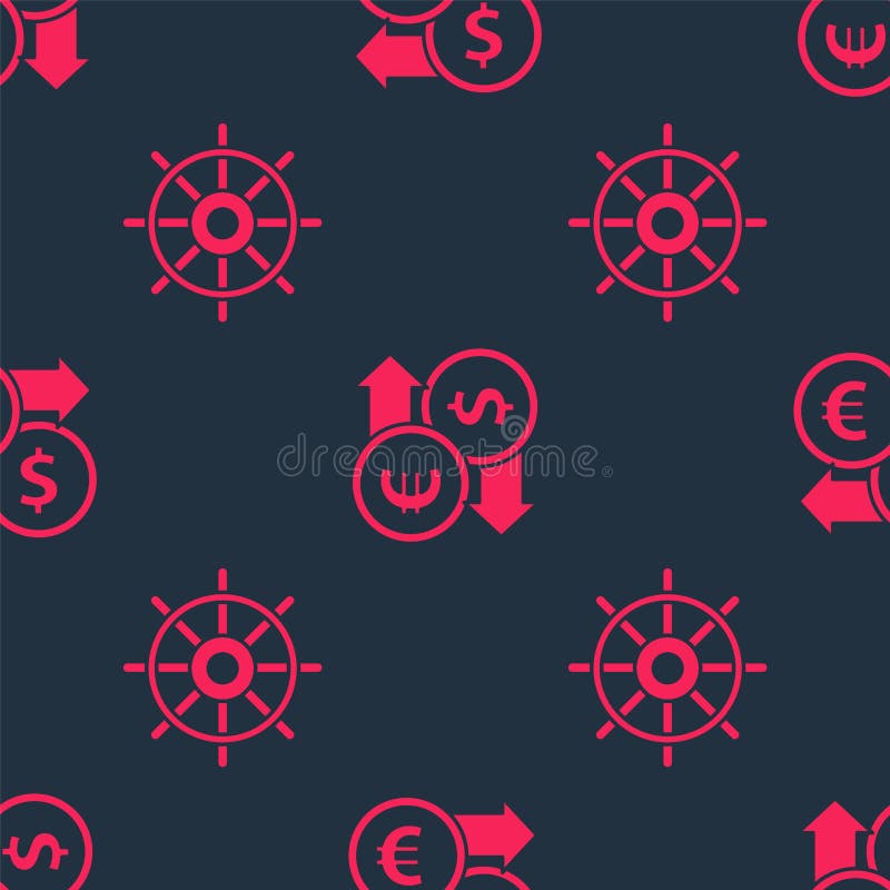 Set Ship Steering Wheel and Money Exchange on Seamless Pattern. Vector ...