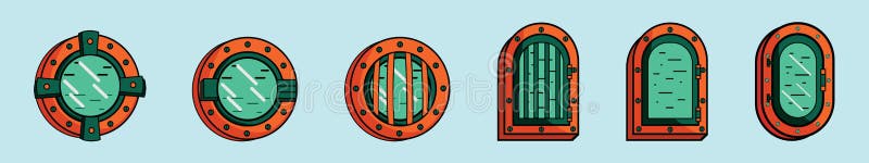 Set of Ship Window Cartoon Icon Design Template with Various Models ...