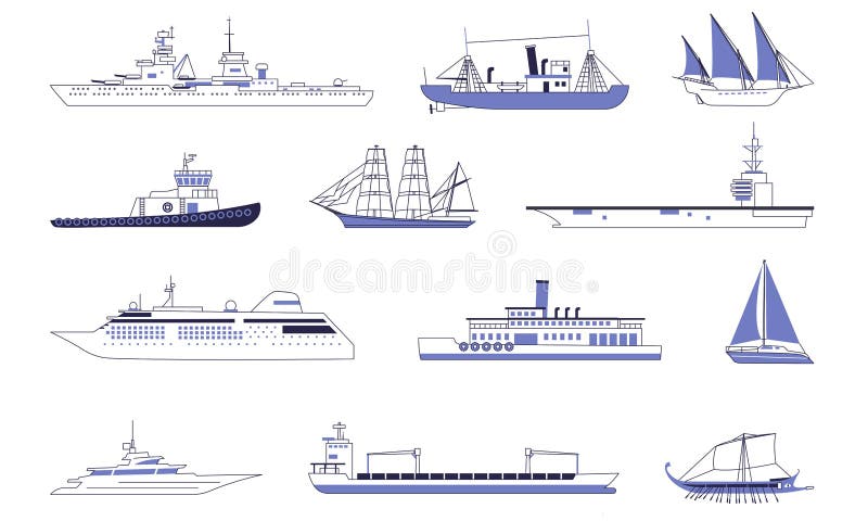 Set of Ships and Vessels. Vector Images of Sailing Ships, Steamships ...