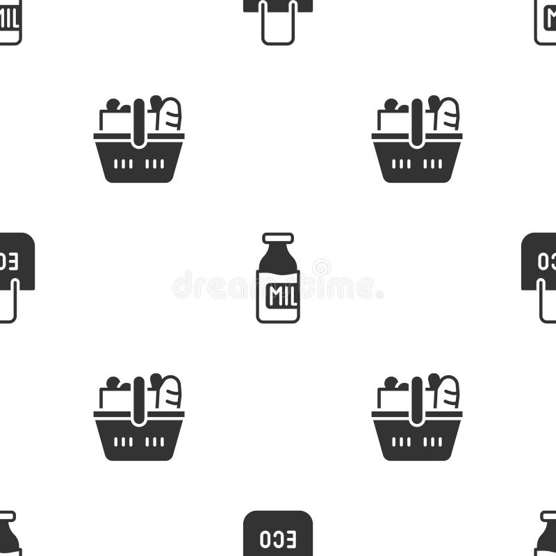 Set Shopping Bag with Recycle, Bottle Milk and Basket and Food on ... Set Shopping Bag with Recycle, Bottle Milk and Basket and Food on ...