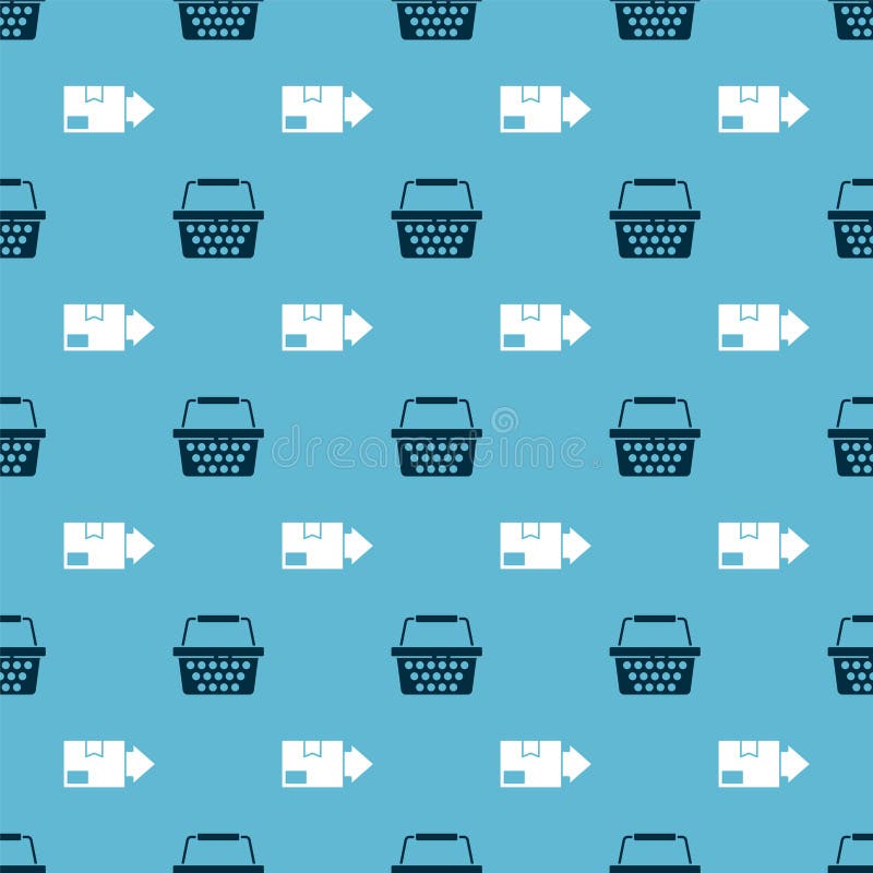Set Shopping Basket and Carton Cardboard Box on Seamless Pattern ...