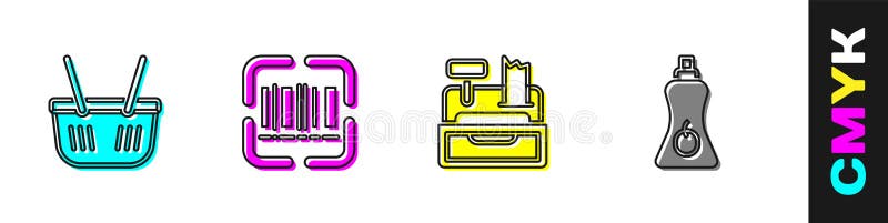 Set Shopping Basket, Scanner Scanning Bar Code, Cash Register Machine ...