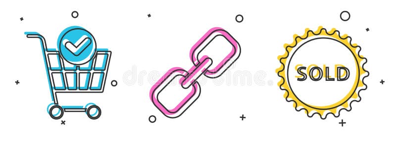 Set Shopping Cart with Check Mark, Chain Link and Sold Label Icon ...
