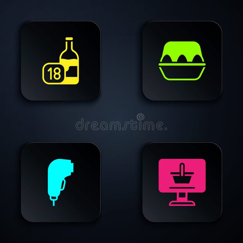 Set Shopping Cart on Computer, Wine Bottle, Scanner Scanning Bar Code ...