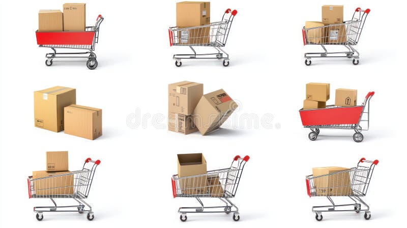Set of Shopping Carts with Cardboard Boxes Stock Illustration ...