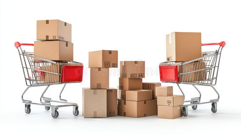 Set of Shopping Carts with Cardboard Boxes Stock Illustration ...