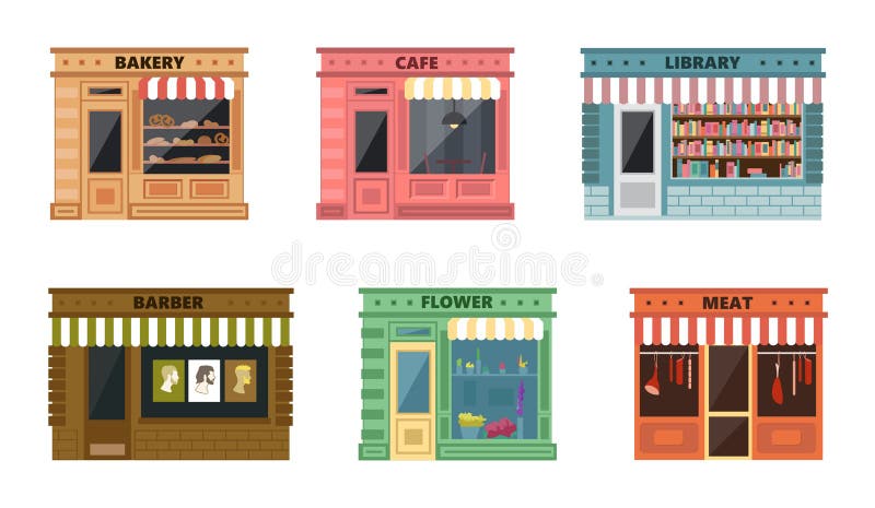 Set of Shops Facade on White Background. Vector Shops Bakery, Cafe ...