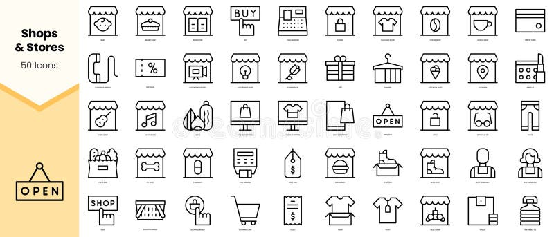 Set of Shops and Stores Icons. Simple Line Art Style Icons Pack Stock ...
