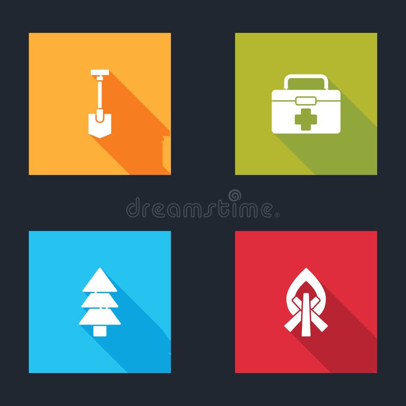 Set Shovel, First Aid Kit, Tree and Campfire Icon. Vector Stock ...