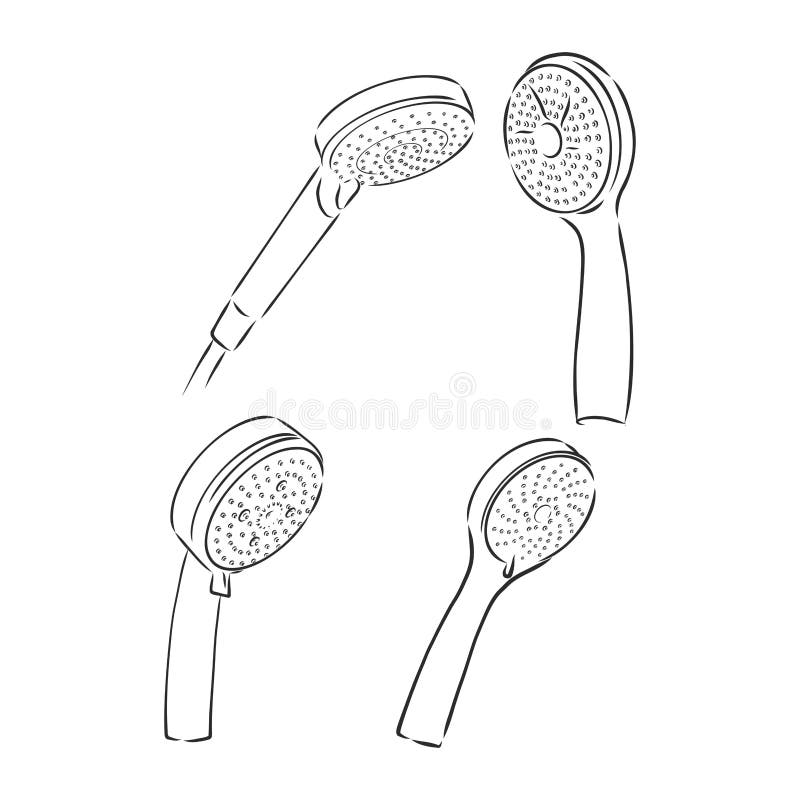 Set of Shower Head with Flowing Water, Doodle Style, Sketch ...