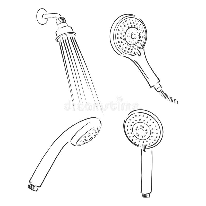 Set of Shower Head with Flowing Water, Doodle Style, Sketch ...