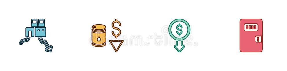 Set Shutdown of Factory, Drop in Crude Oil Price, Dollar Rate Decrease and Prison Cell Door Icon ...
