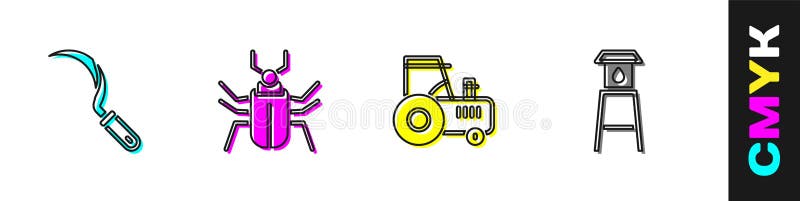 Set Sickle, Insect Fly, Tractor and Water Tower Icon. Vector Stock ...