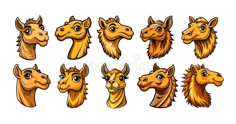 Set of Side View Flat Cartoon Camel Head Sticker Design Vector Stock ...