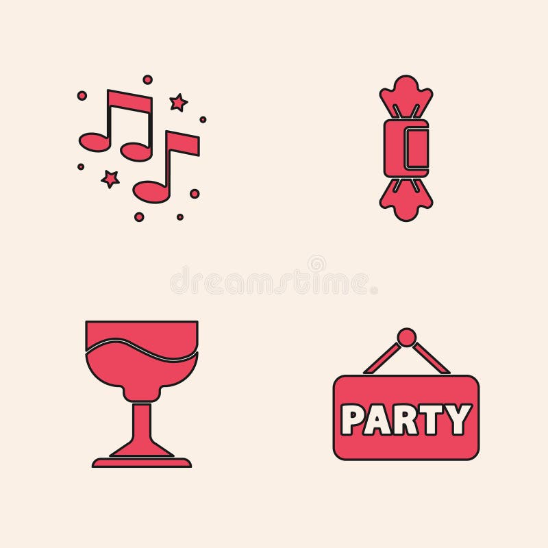 Set Signboard Party, Music Note, Tone, Candy and Cocktail Icon. Vector ...